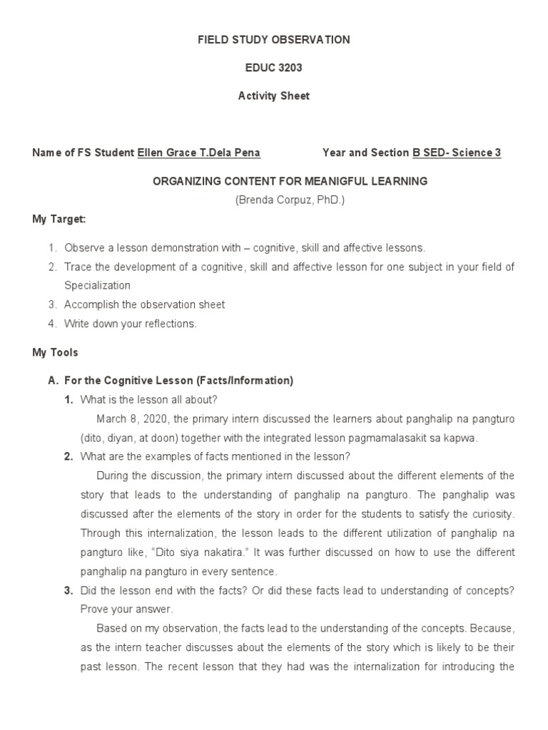 Corrected Field Study Observation Sheet | PDF | Heuristic | Teachers