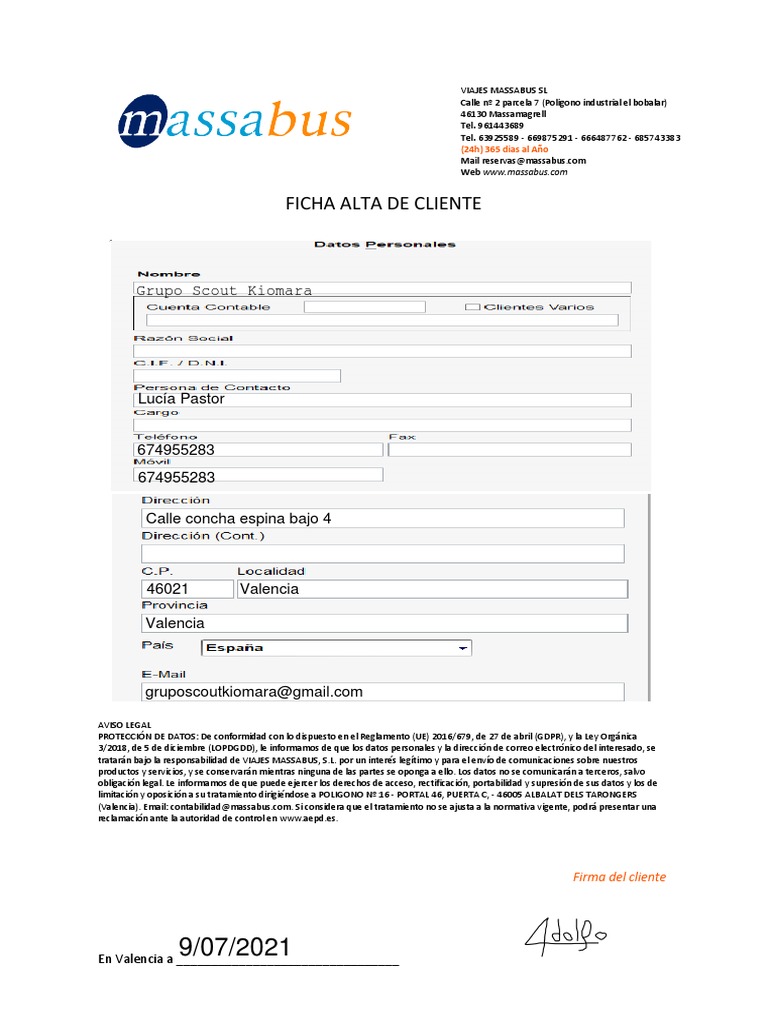 Ficha Alta Cliente Rellena | PDF