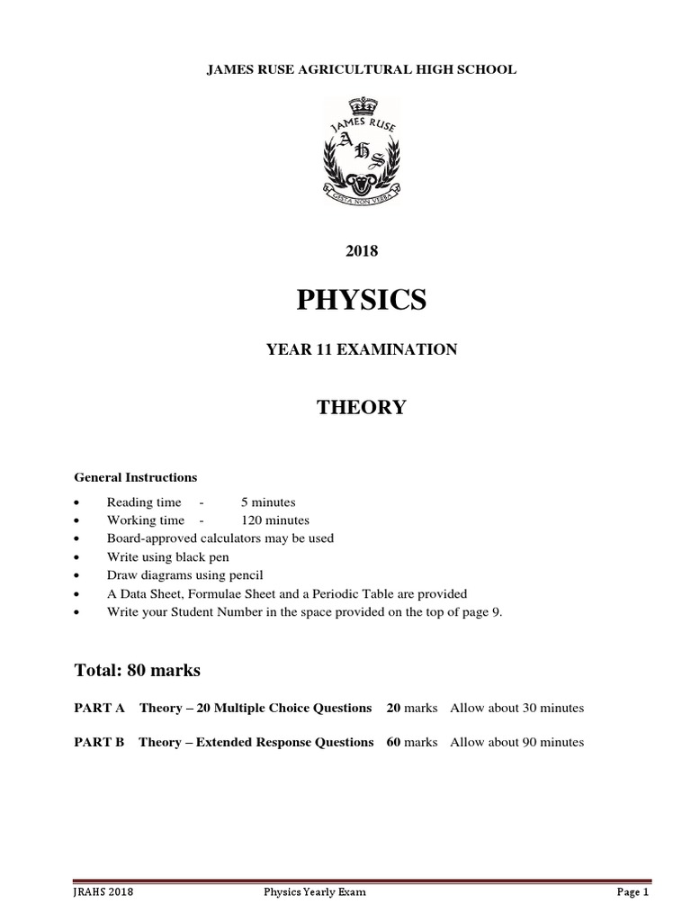 JRAHS 2018 Physics Year 11 Exam | PDF | Wavelength | Force