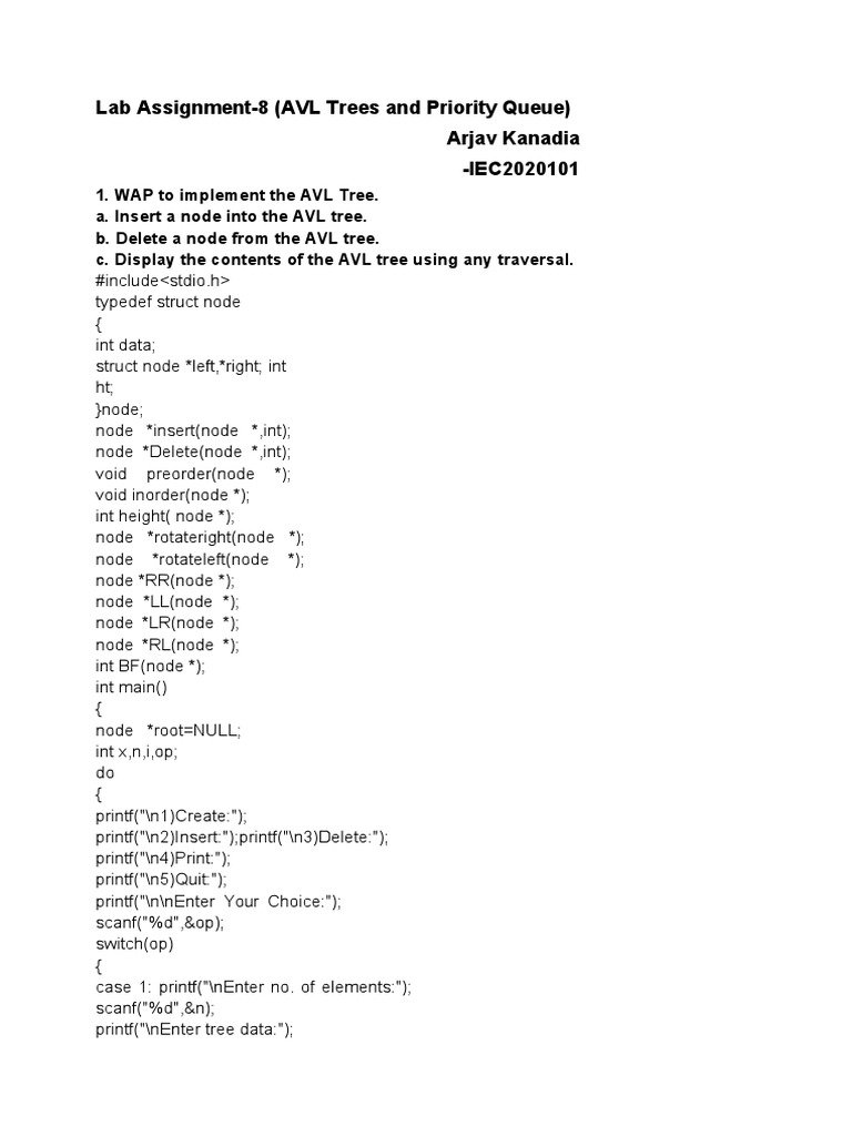 Lab Assignment-8 (AVL Trees and Priority Queue) Arjav Kanadia ... Lab Assignment-8 (AVL Trees and Priority Queue) Arjav Kanadia ...