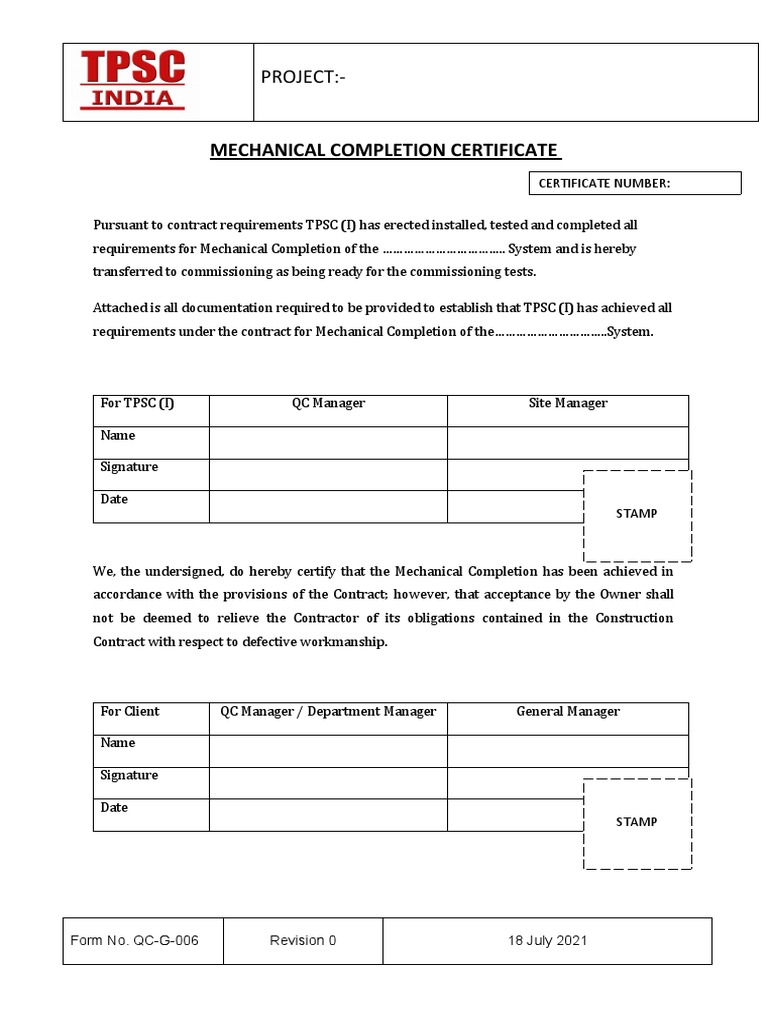 QC-G-006 Mechanical Completion Certificate | PDF