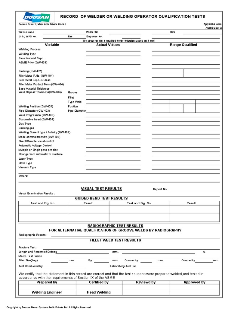 Record of Welder or Welding Operator Qualification Tests | PDF ...