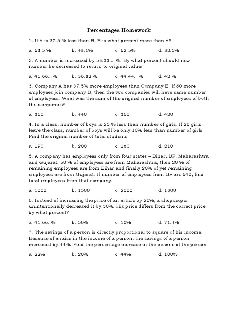 Percentages Homework | PDF | Economies | Business