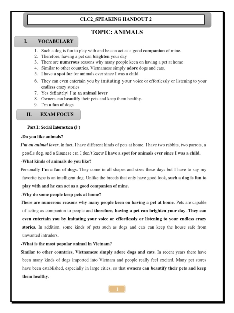 CLC2 - Speaking Handout 2 | PDF | Pet | Dogs