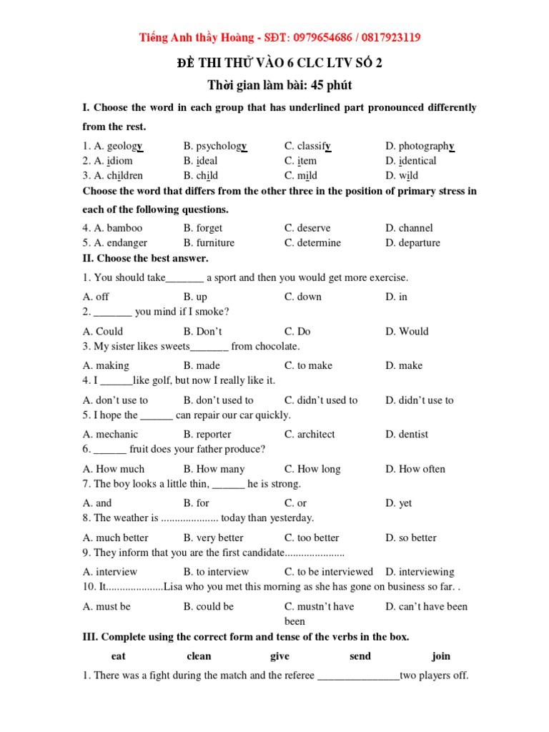 ĐỀ Thi Thử Vào 6 Clc Ltv Số 2 Thời gian làm bài: 45 phút | PDF | English Language