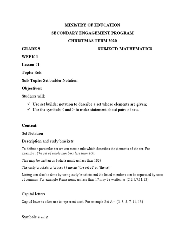 Grade 9 Math: Set Builder Notation | PDF | Set (Mathematics) | Bracket