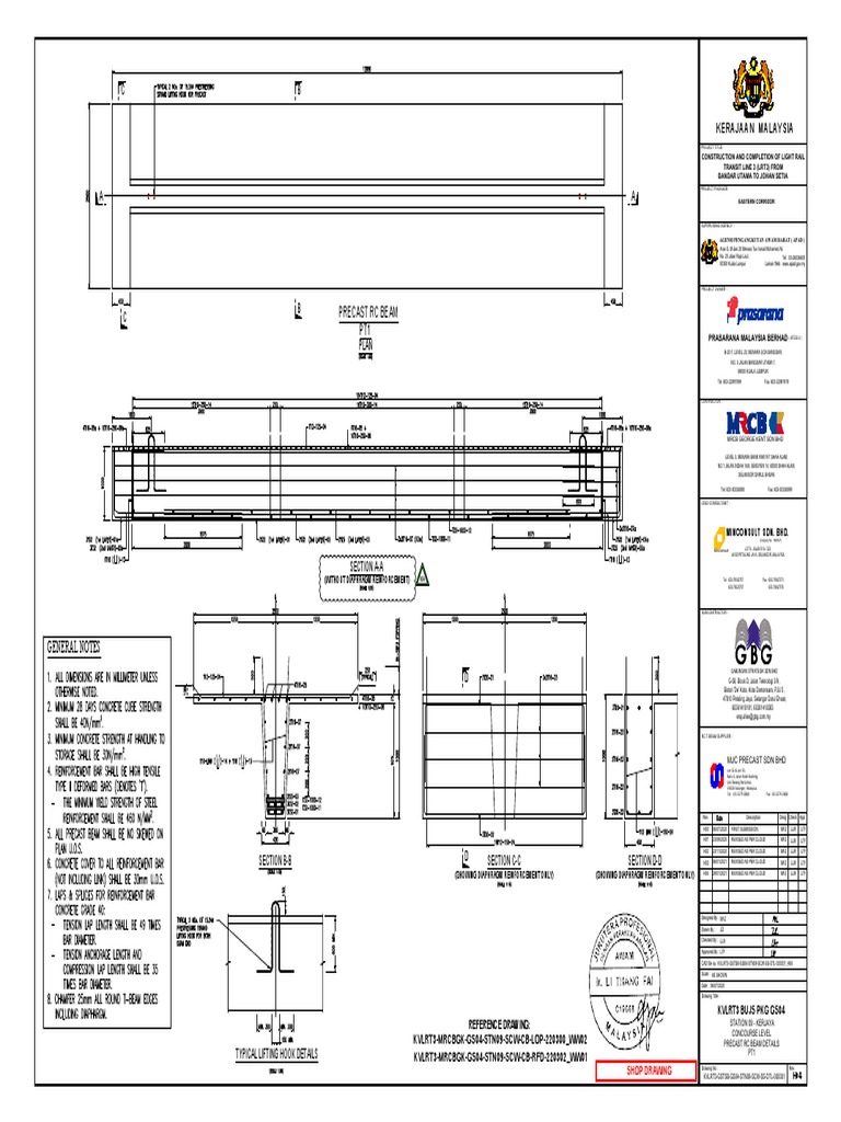 PT1 Precast RC Beam: General Notes | PDF | Strait Of Malacca | Malaysia