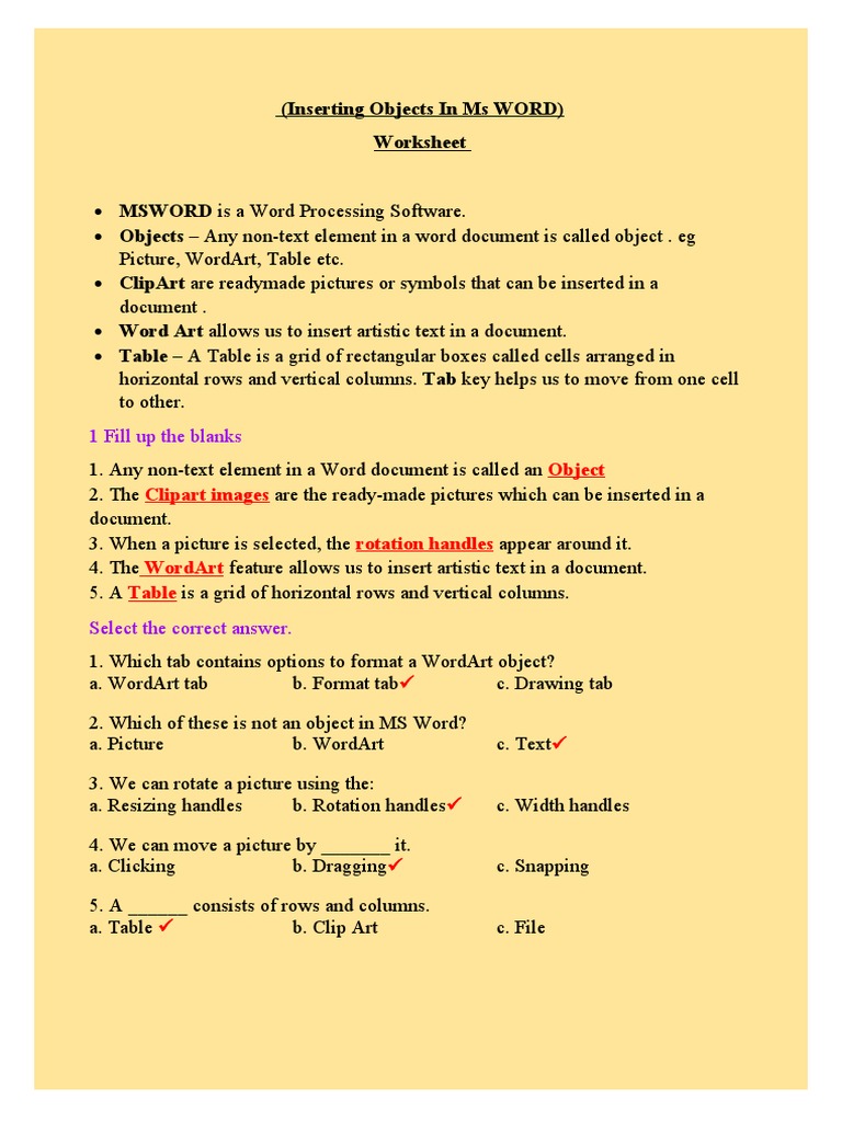 (Inserting Objects in Ms WORD) Worksheet: 1 Fill Up The Blanks | PDF ...