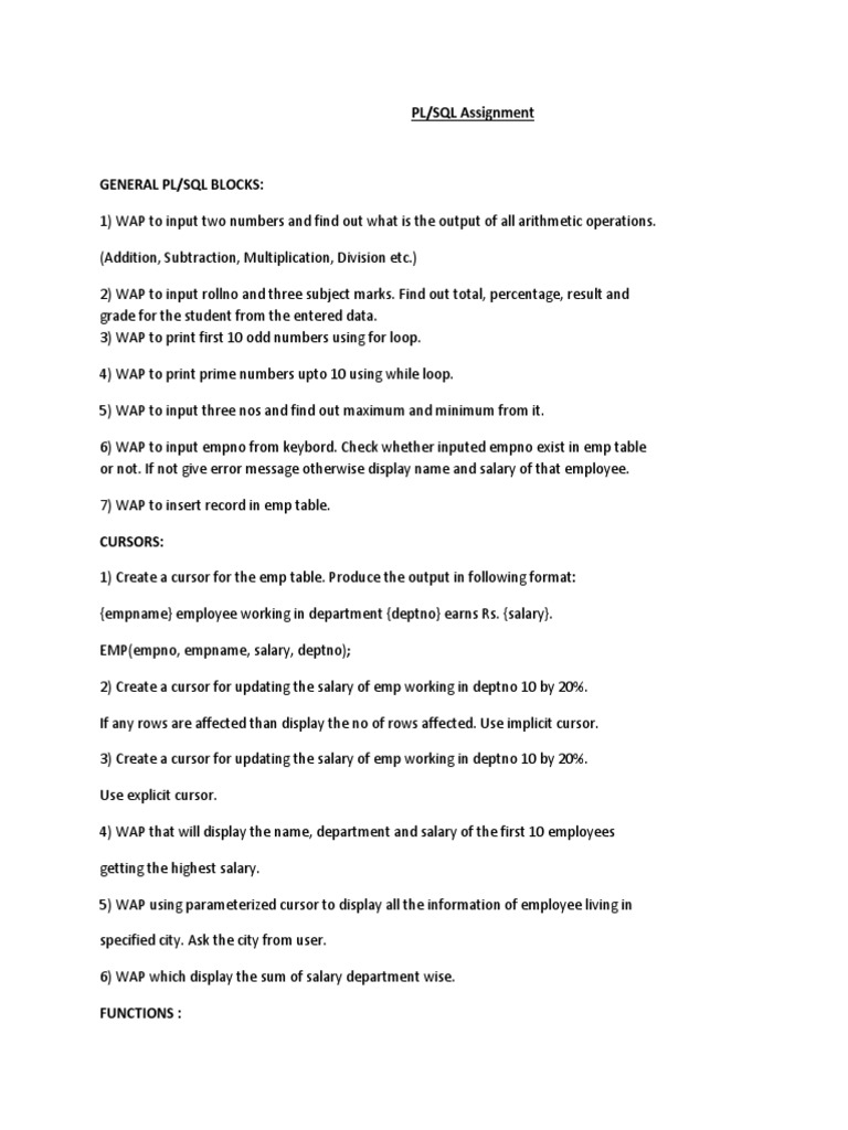 PL - SQL Assignment | PDF | Pl/Sql | Computer Data PL - SQL Assignment | PDF | Pl/Sql | Computer Data