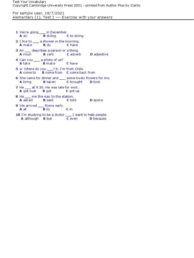 Elementary English Test 1 | PDF