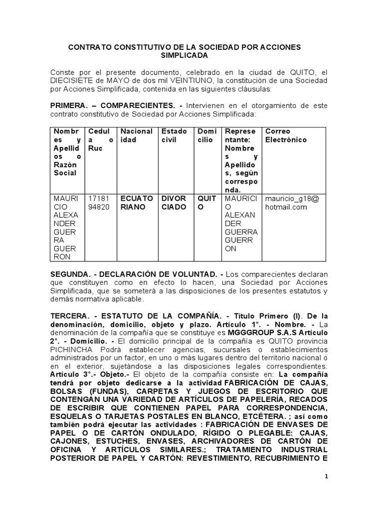 Modelo Contrato Constitutivo Sas-Inividual | PDF | Sociedad de responsabilidad limitada | Empresas