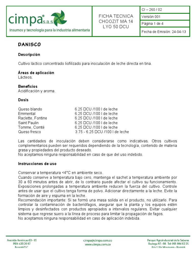 Choozit Ma 14 Lyo 50 Dcu | PDF | Leche | Queso
