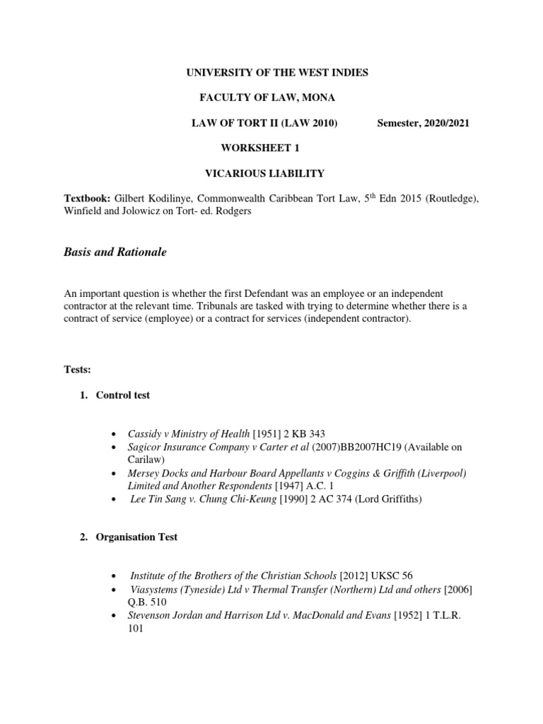 Tort II Worksheet 1 (Vicarious Liability) | PDF | Civil Law (Legal ...