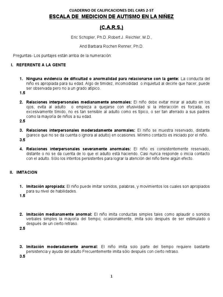 Cuaderno de Calificaciones CARS 2-ST | PDF | Espectro autista | Las ...