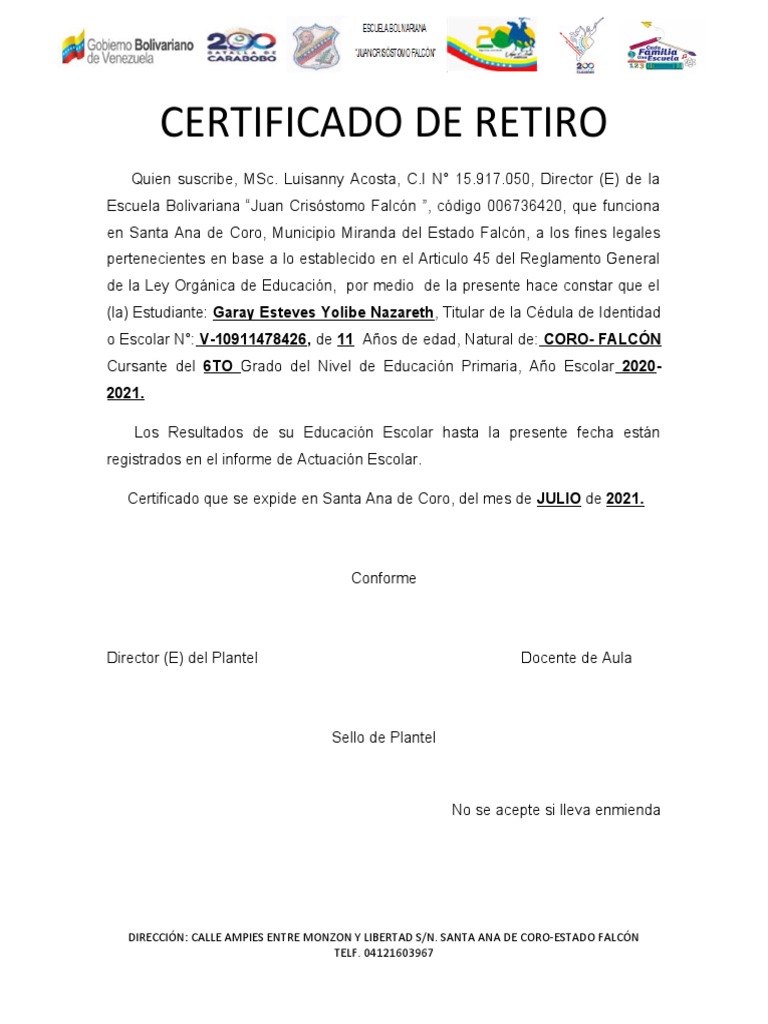 CERTIFICADO DE RETIRO - Docx 23 | PDF