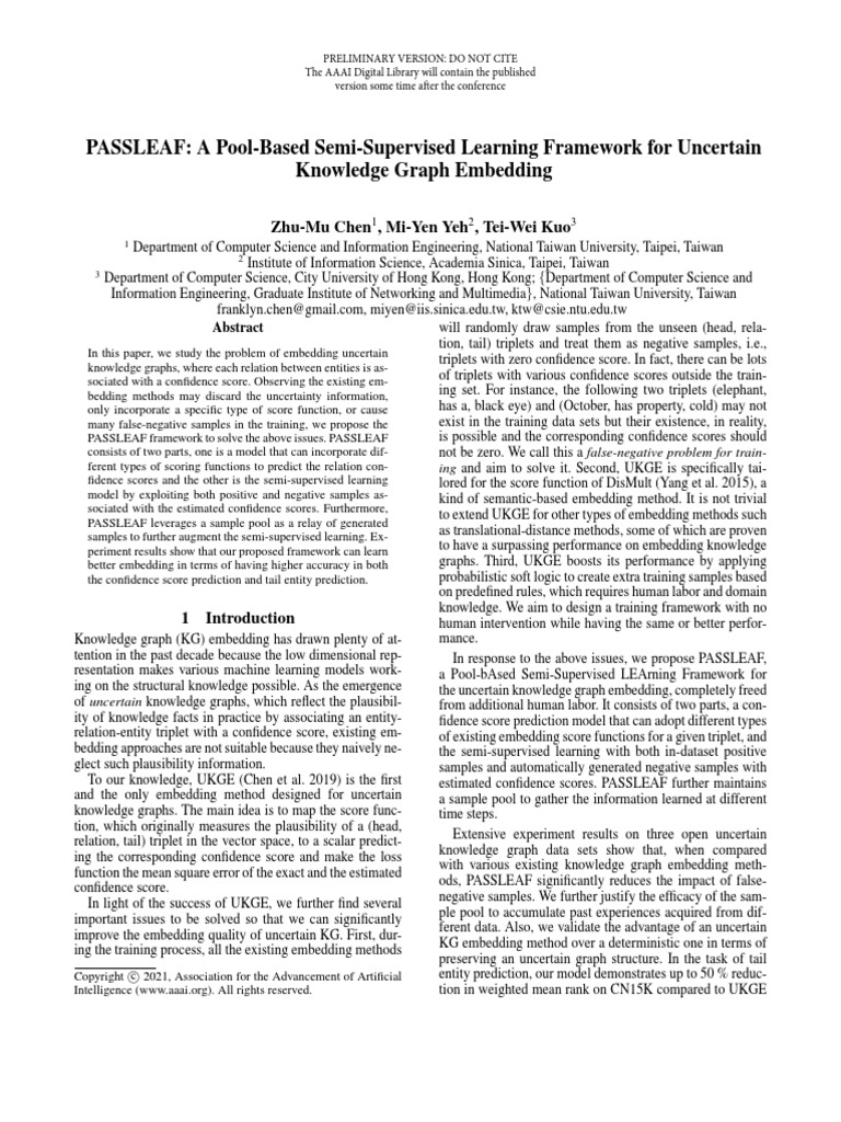 PASSLEAF: A Pool-Based Semi-Supervised Learning Framework For Uncertain Knowledge Graph ...