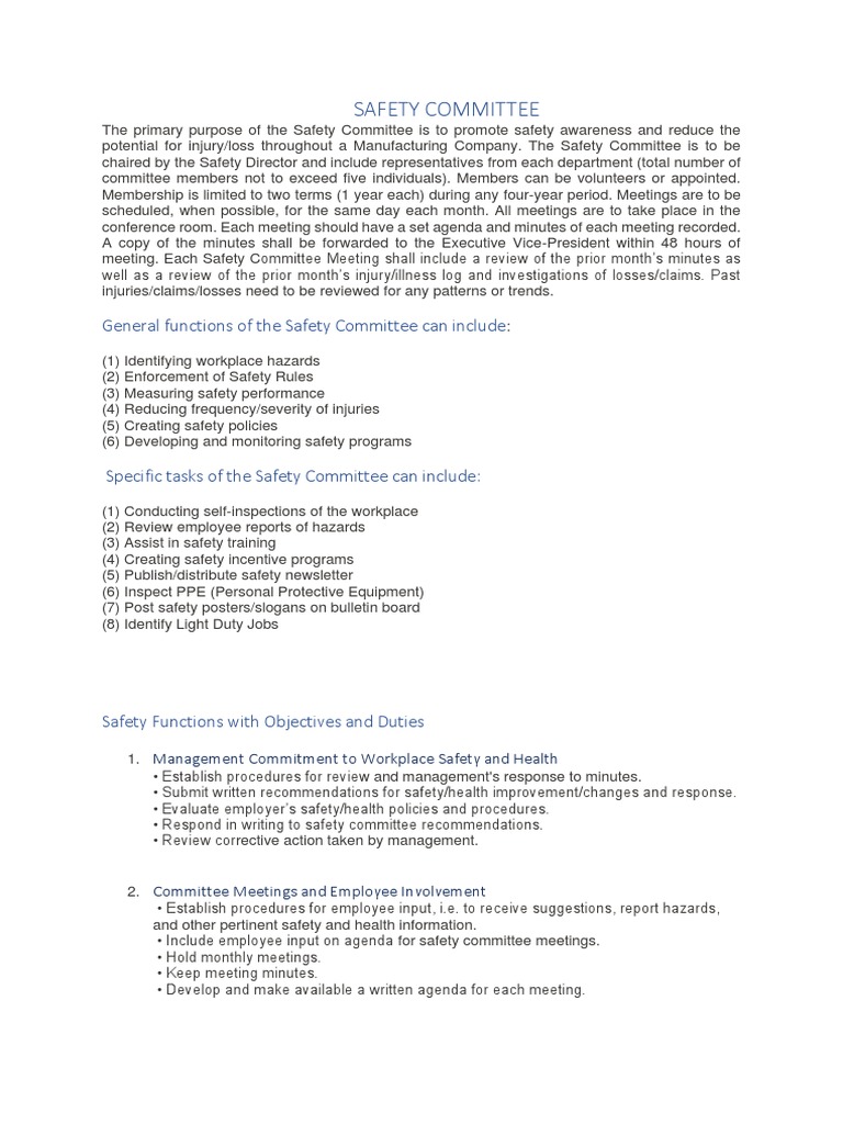 Safety Committee: General Functions of The Safety Committee Can Include ...