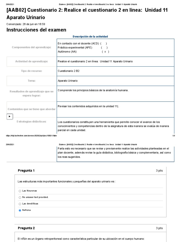 Examen - (AAB02) Cuestionario 2 - Realice El Cuestionario 2 en Línea - Unidad 11 Aparato ...