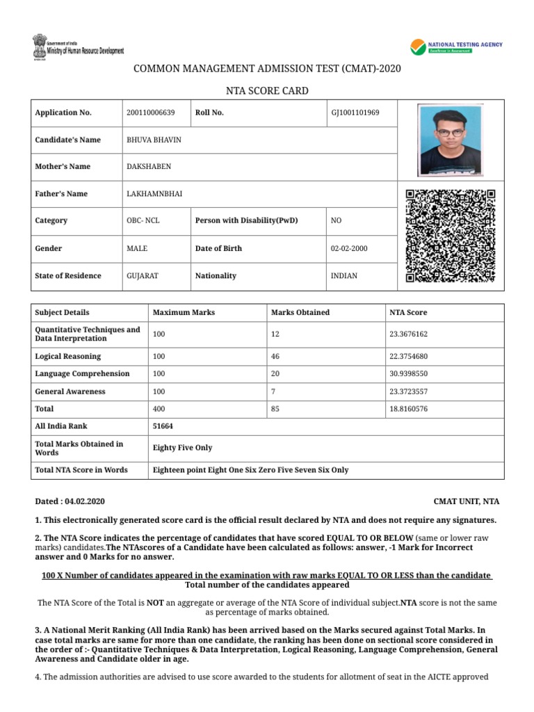 Common Management Admission Test (Cmat) - 2020 Nta Score Card | PDF ...