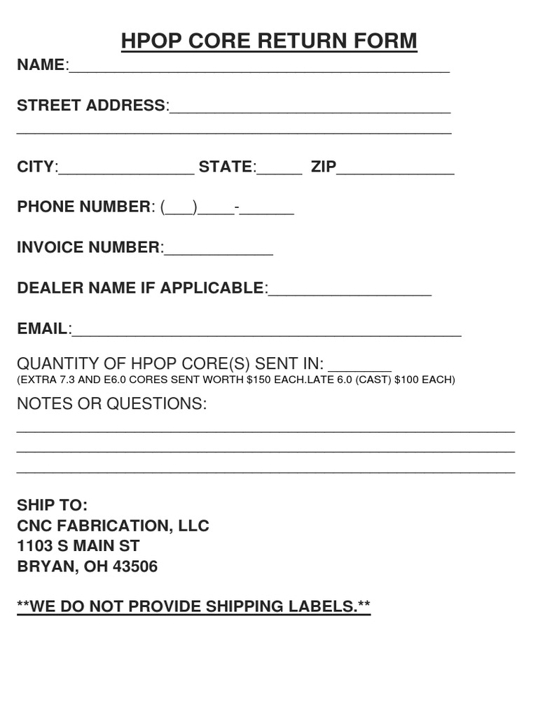 Core Return Form | PDF