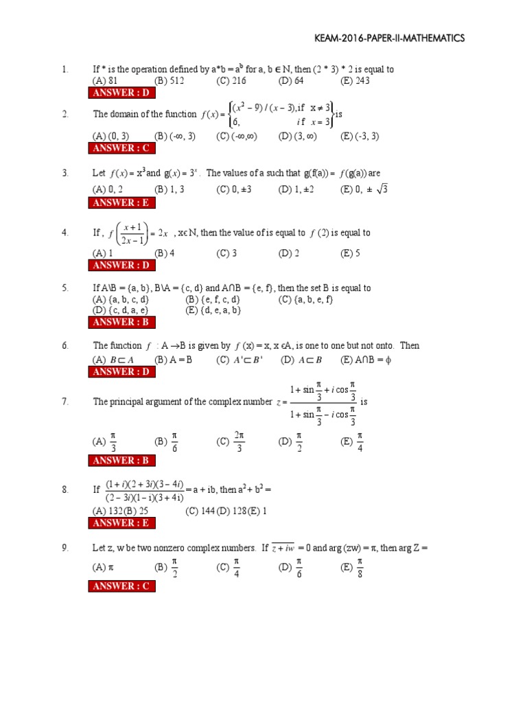 KEAM 2016 Question Paper Mathematics | PDF | Ellipse | Geometric Shapes