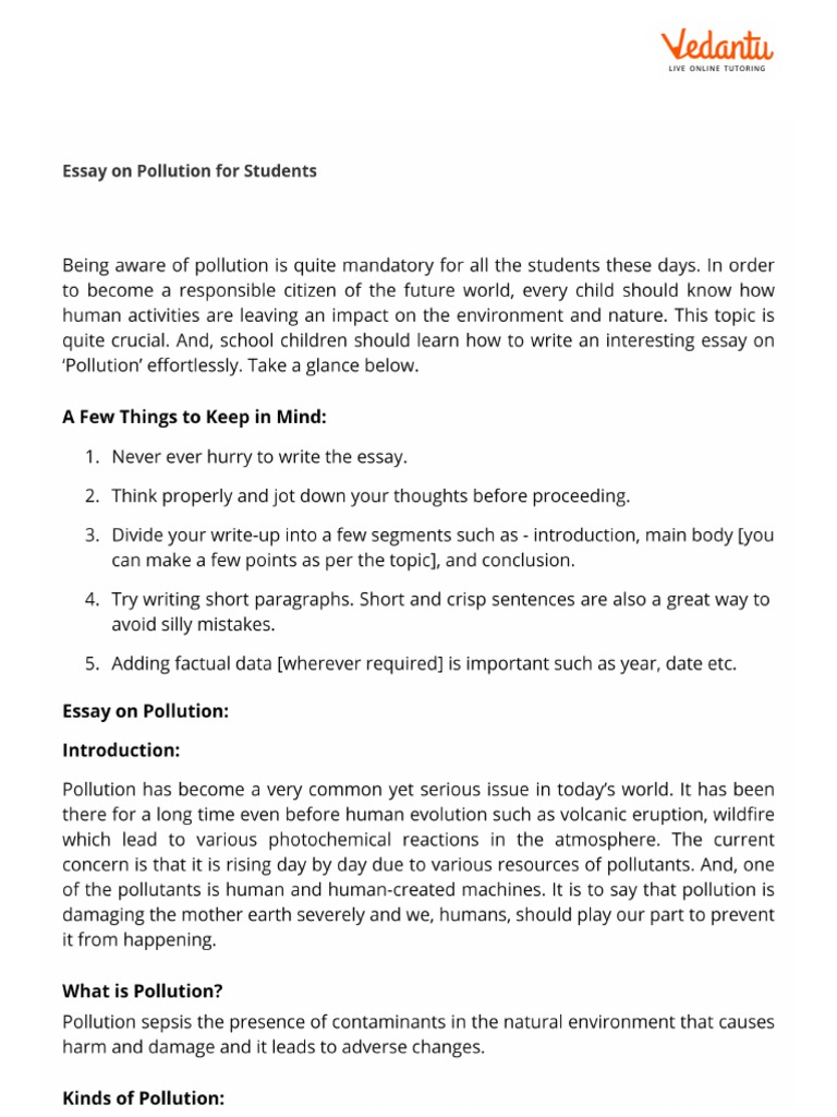 Pollution Essay in English For Students - Easy Essay On Pollution | PDF