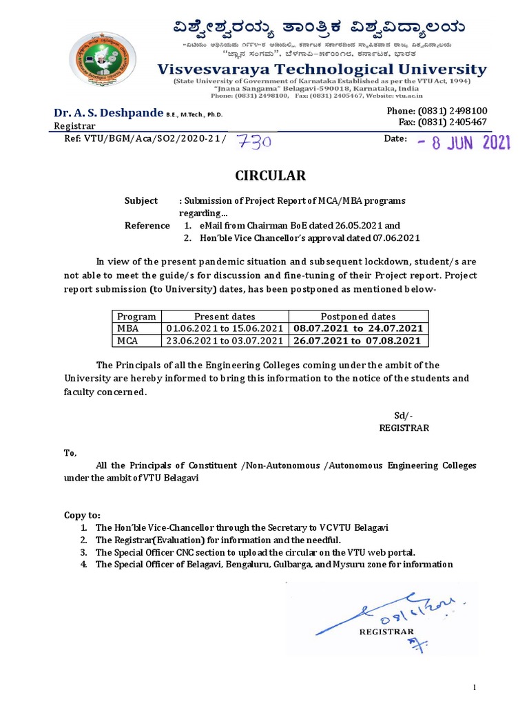 Circular - MBA - MCA Project Submission Rev Dates | PDF