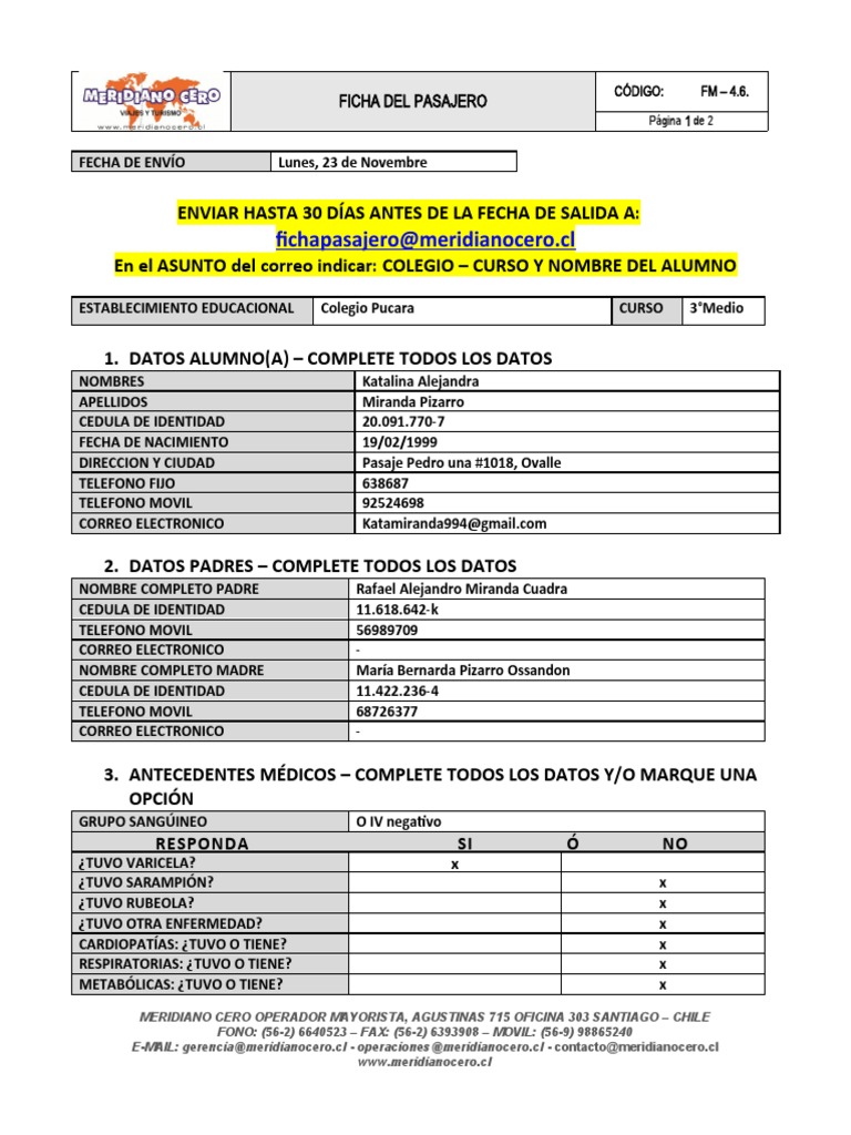 Ficha Del Pasajero | PDF | Medicina CLINICA | Especialidades Medicas