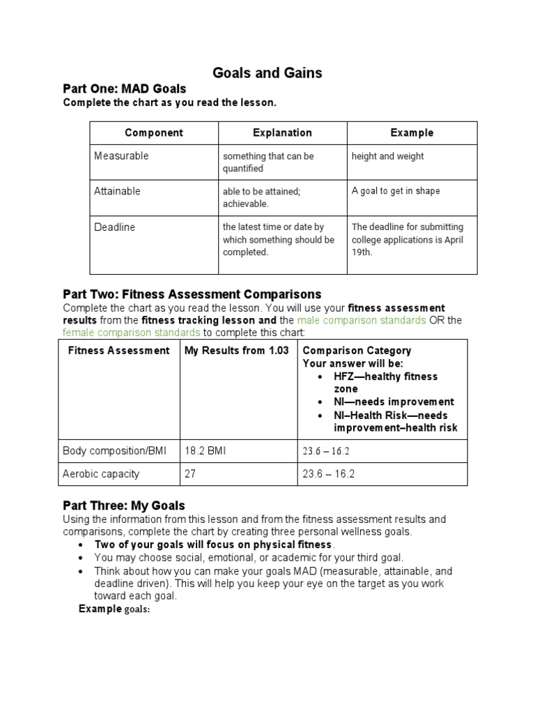 Goals and Gains: Part One: MAD Goals | PDF | Physical Fitness | Body ...