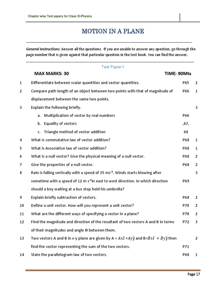 CBSE Class 11 Physics Motion in A Plane 1 | PDF | Euclidean Vector ...