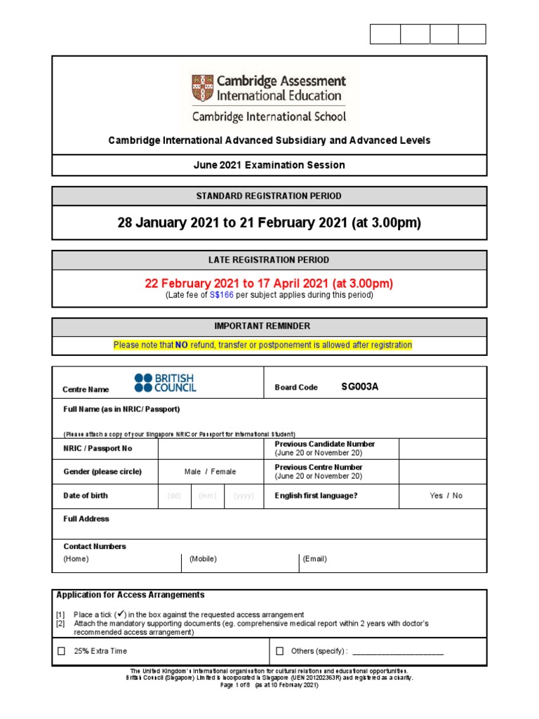 Cambridge International A Level June 2021 Registration Form | PDF | Gce ...