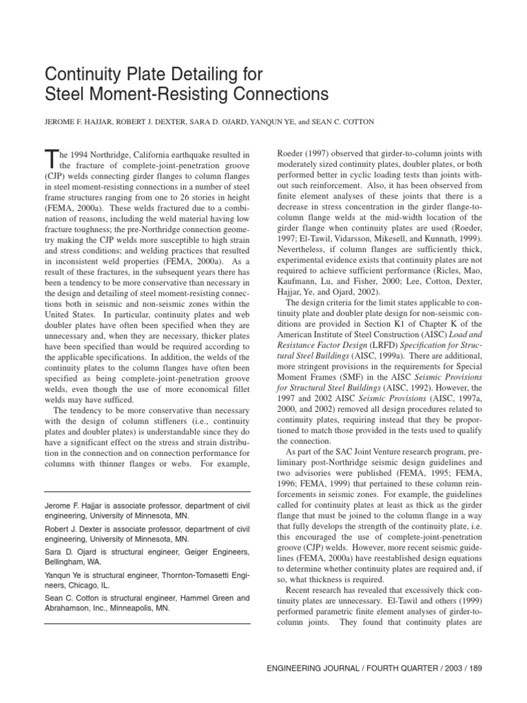 Continuity Plate Detailing For Steel Moment Resisting Connections | PDF ...