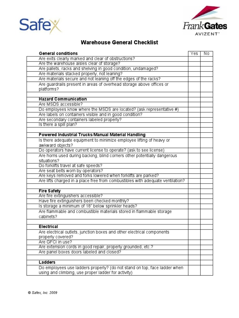 Warehouse Audit Checklist | PDF | Forklift | Workplace