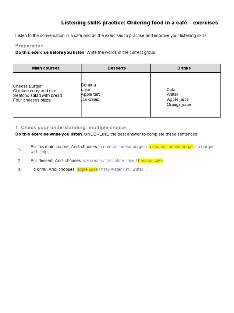 Listening Skills Practice: Ordering Food in A Café - Exercises | PDF
