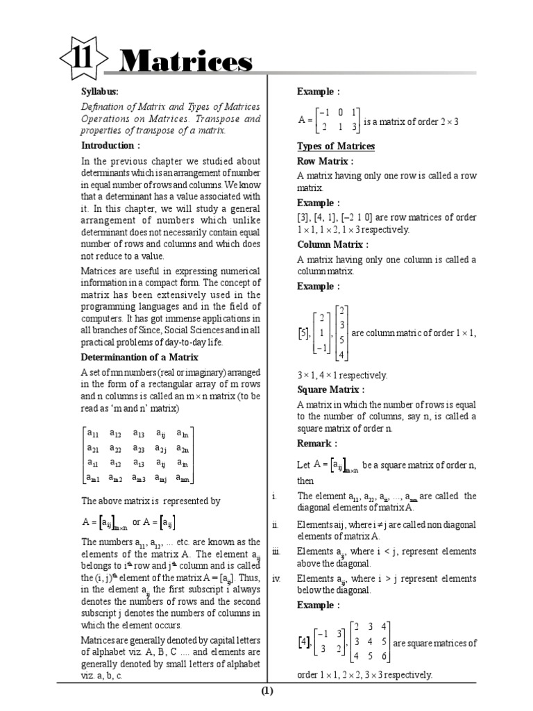 XI - Maths - Matrices | PDF | Matrix (Mathematics) | Determinant