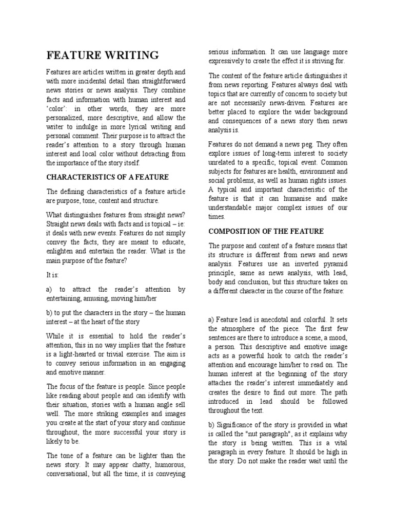 Feature Writing: Characteristics of A Feature | PDF | News | Verb