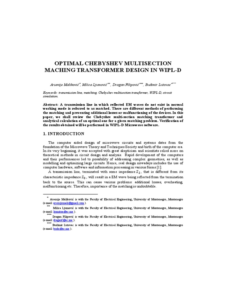OPTIMAL CHEBYSHEV MULTISECTION MATCHING TRANSFORMER DESIGN | PDF ...