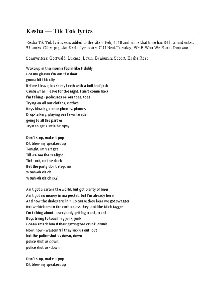 Kesha - Tik Tok Lyrics | PDF | Leisure | Entertainment (General)