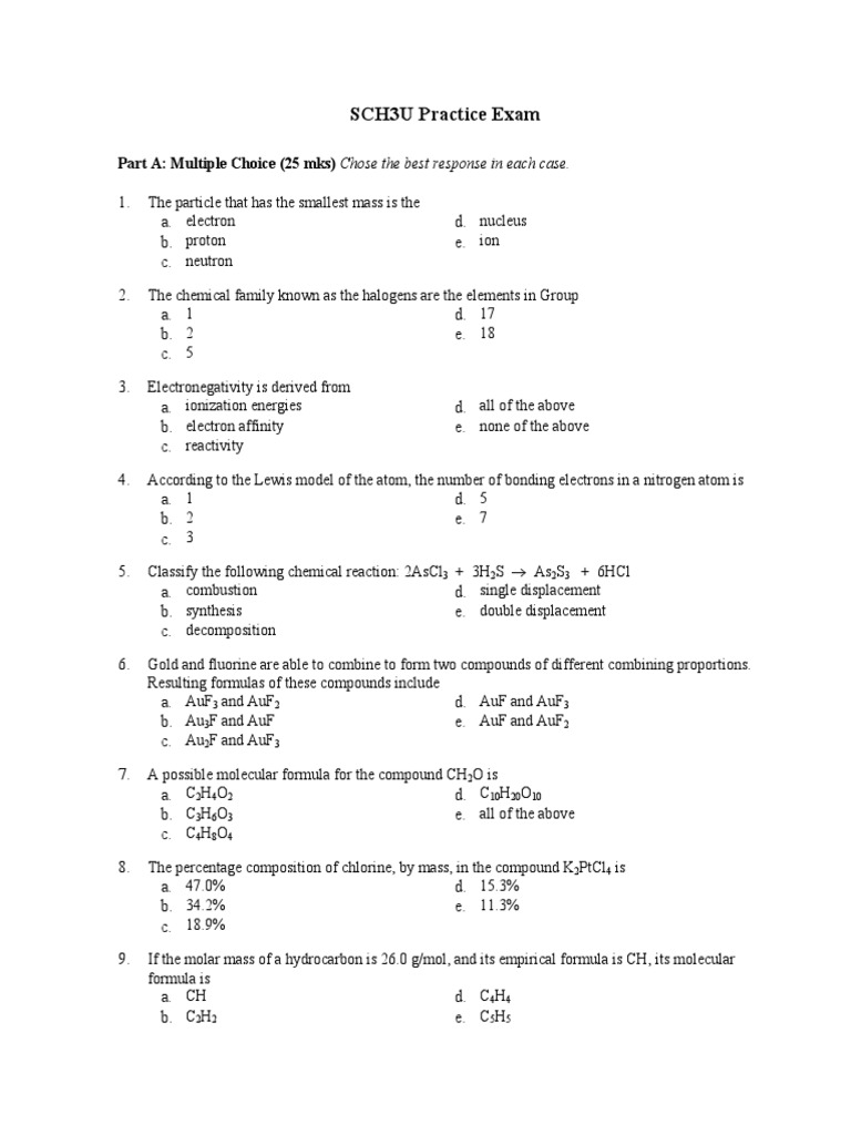 SCH3U - Practice Exam | PDF | Solubility | Chlorine
