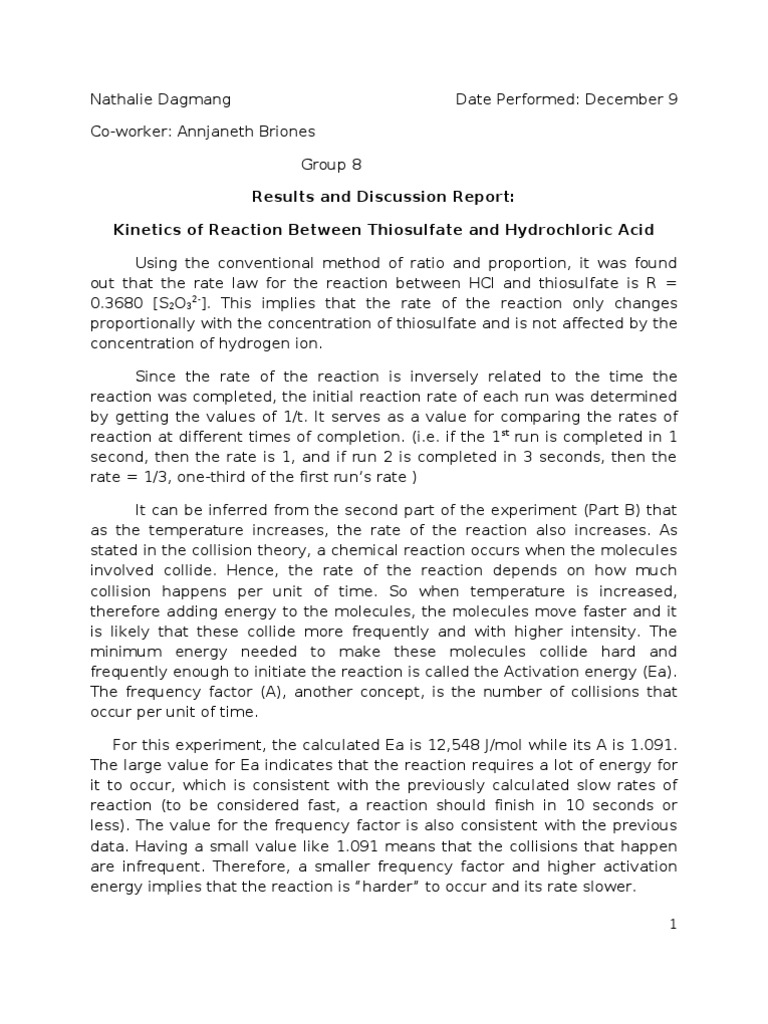 Experiment 3 Results and Discussion Report: Kinetics of Reaction ...