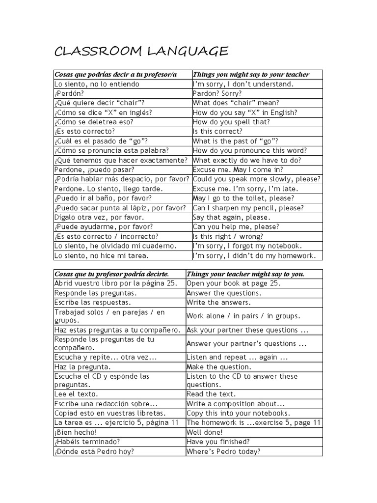 Lenguaje en el Aula: Frases Clave | PDF | Idiomas | Entretenimiento ...