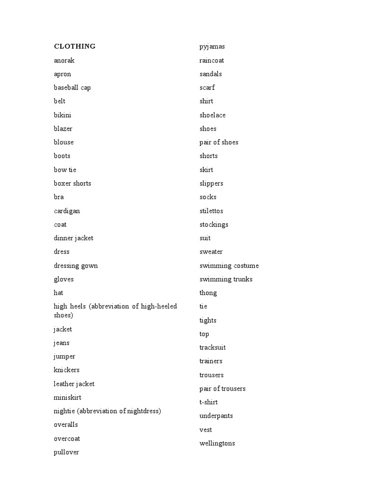 Clothing and Accessories List | PDF