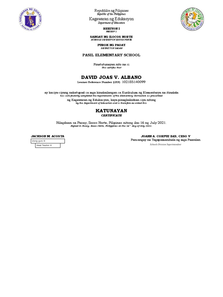 DepEd Certificate 2021 Elementary | PDF | Southeast Asia | Social ...