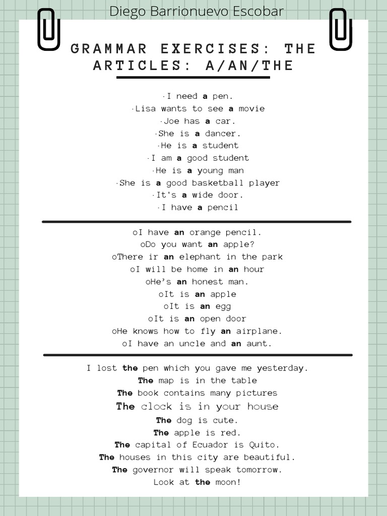 GRAMMAR EXERCISES THE ARTICLES Aanthe | PDF