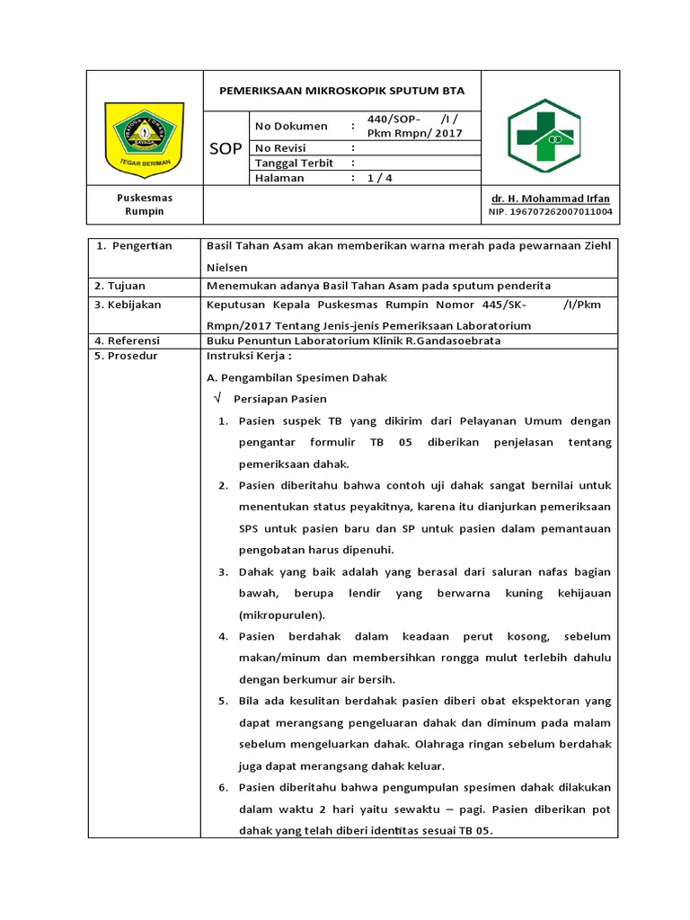 Prosedur Pemeriksaan Sputum BTA | PDF | Pengembangan Diri | Kesehatan ...