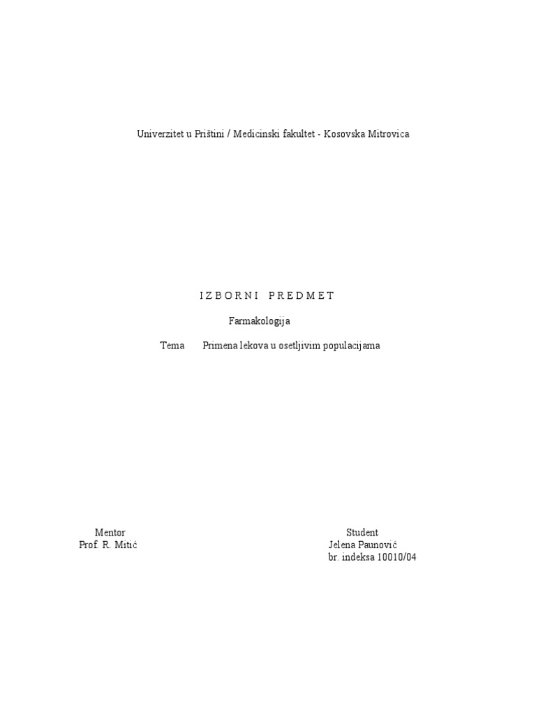 Primena Lekova U Osetljivim Populacijama | PDF Primena Lekova U Osetljivim Populacijama | PDF