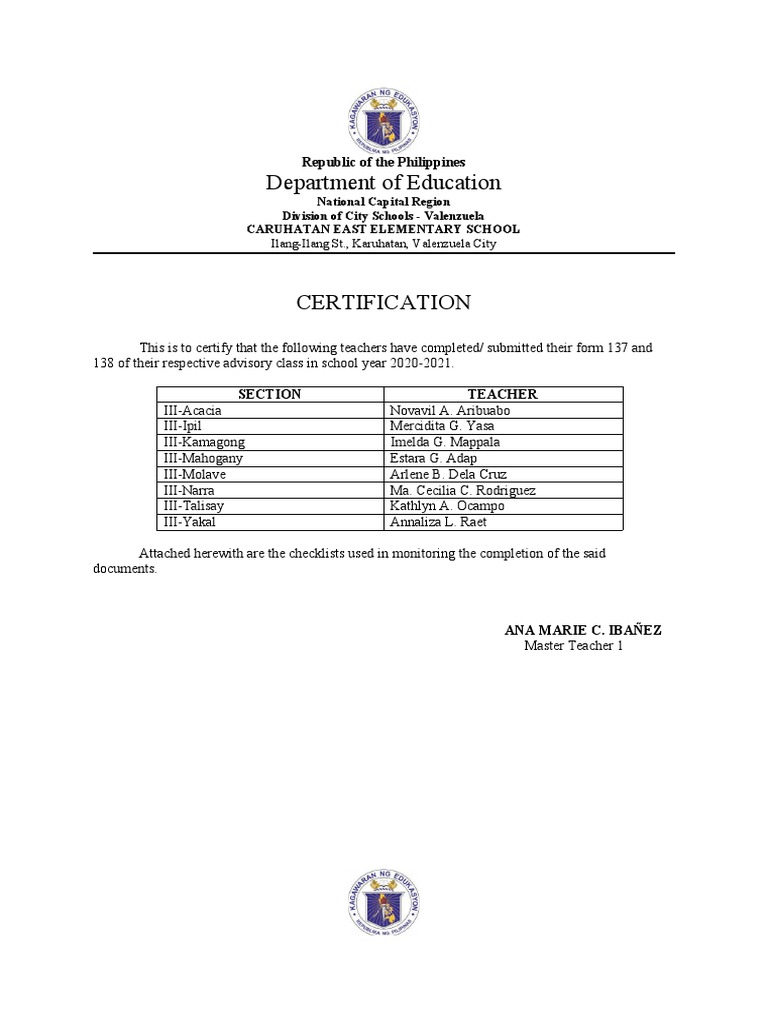 Grade 3 Certification of Form 137 and Form 138 | PDF | Metro Manila ...