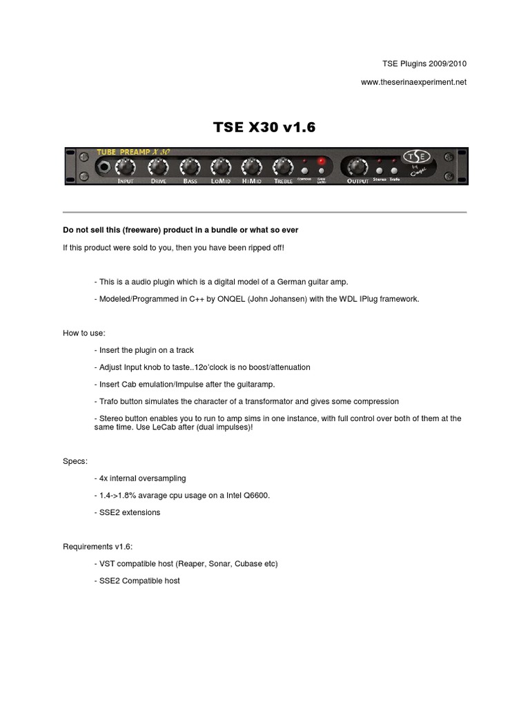 TSE X30 v1.6: Digital Model of a German Guitar Amp Plugin | PDF ...