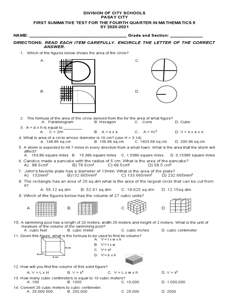 Math5 Q4 SUMMATIVE TESTS 1 2 | PDF | Area | Volume