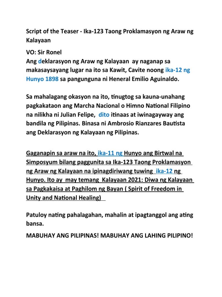SCRIPT Ika 123 Taong Proklamasyon NG Araw NG Kalayaan | PDF